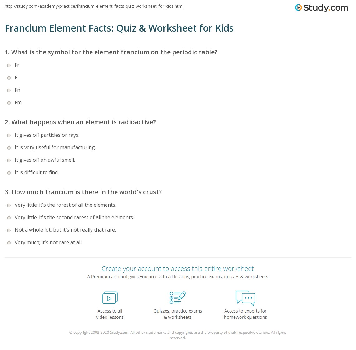 Francium Element Facts: Quiz & Worksheet for Kids | Study.com