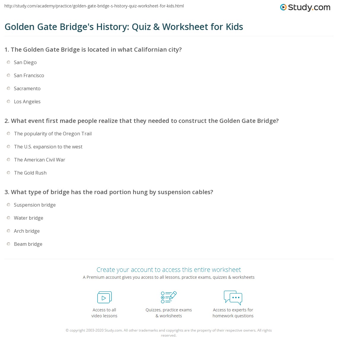 Golden Gate Bridge's History: Quiz & Worksheet for Kids | Study.com