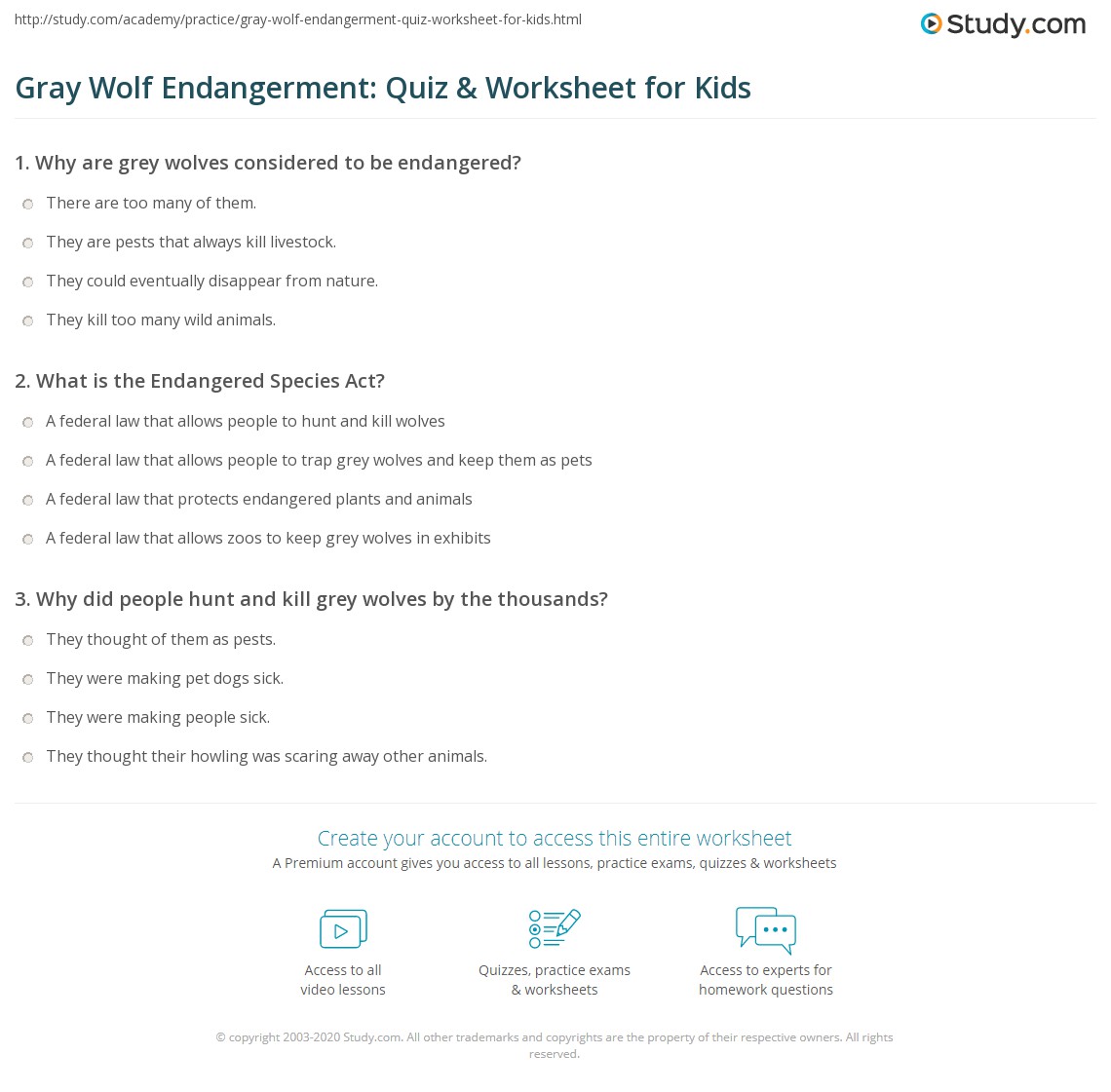 Gray Wolf Endangerment: Quiz & Worksheet for Kids | Study.com