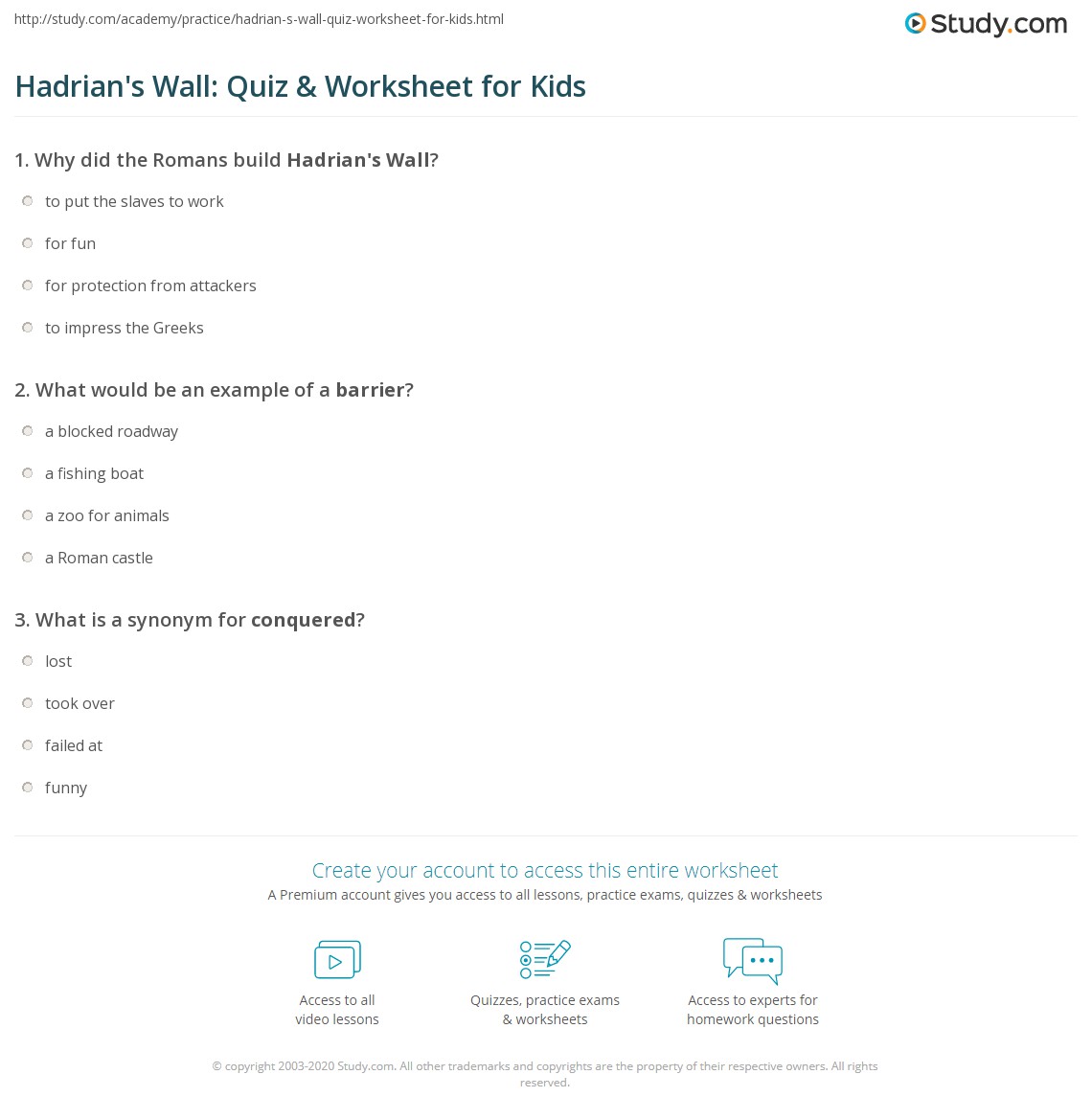 Hadrian's Wall: Quiz & Worksheet for Kids | Study.com