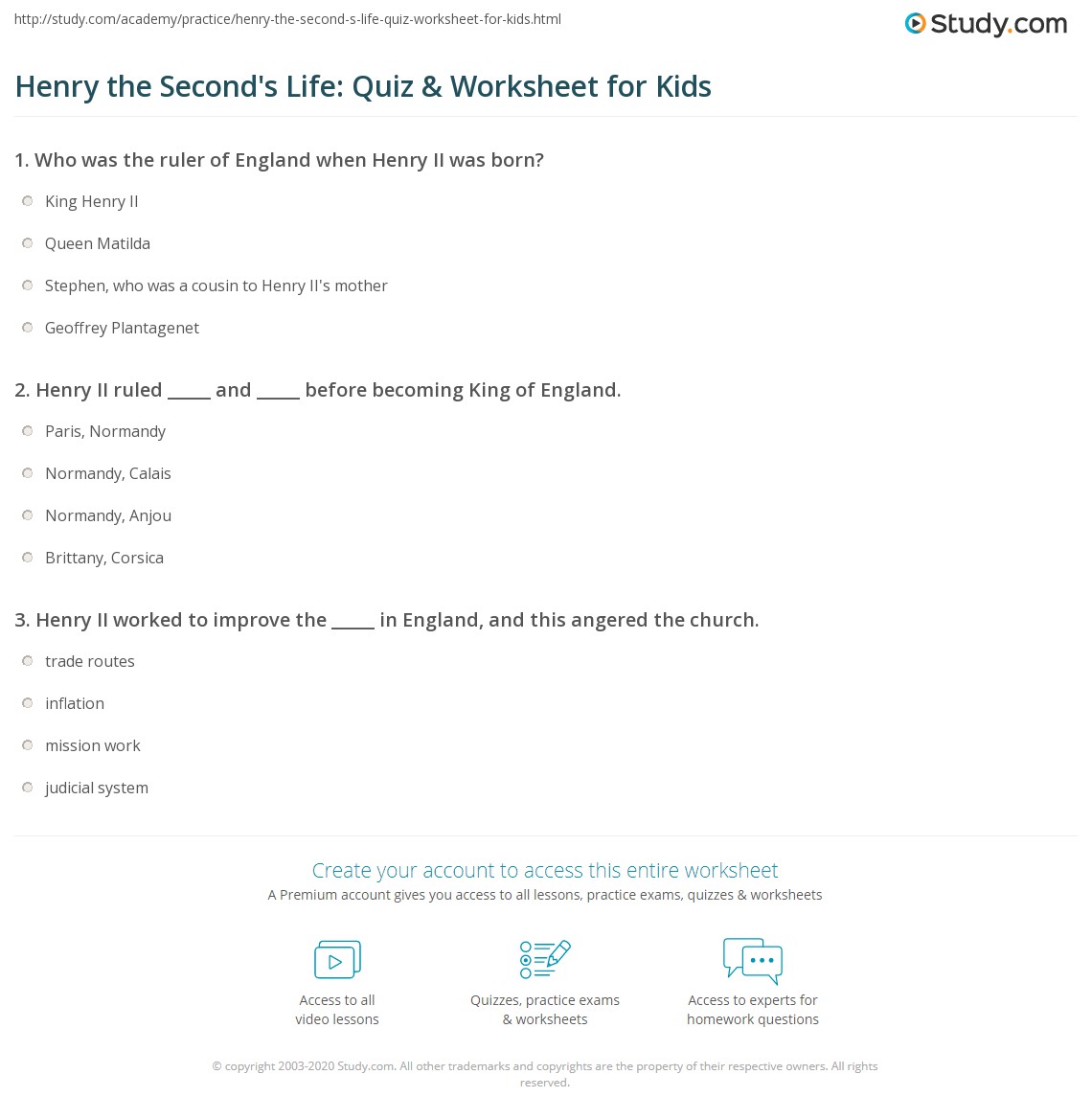 Henry the Second's Life: Quiz & Worksheet for Kids | Study.com