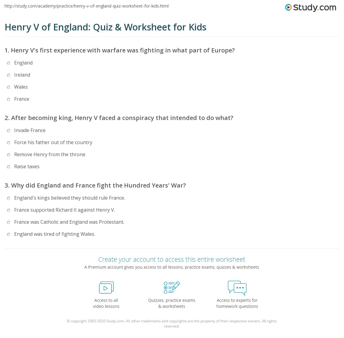 Henry V of England: Quiz & Worksheet for Kids | Study.com