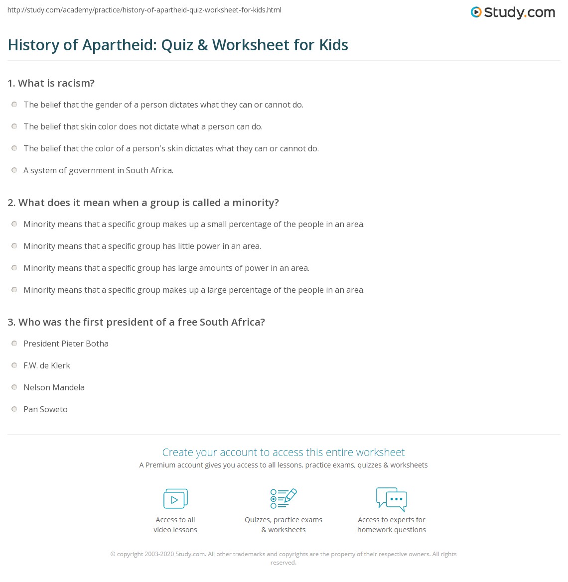 History of Apartheid: Quiz & Worksheet for Kids | Study.com