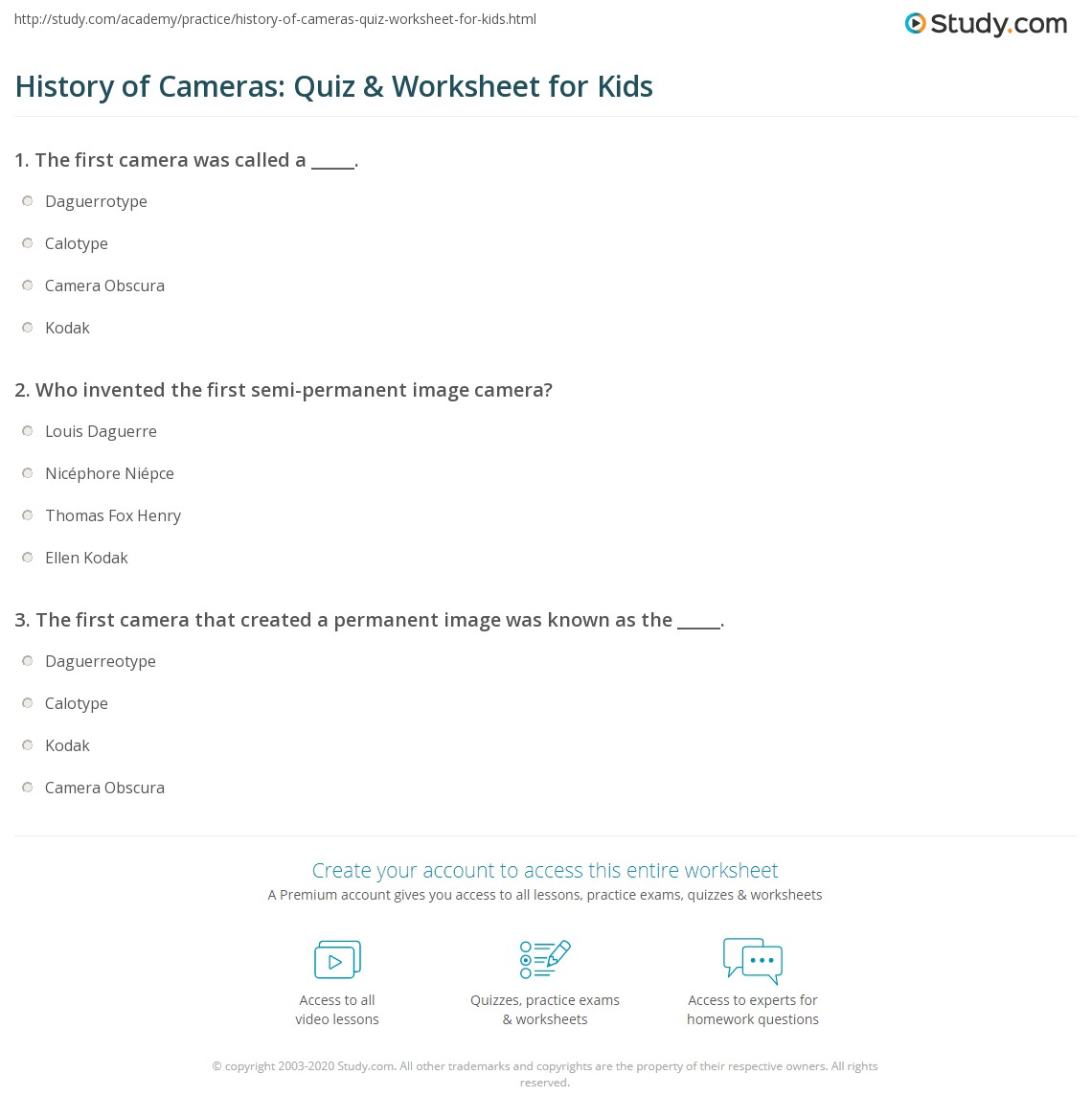 History of Cameras: Quiz & Worksheet for Kids | Study.com