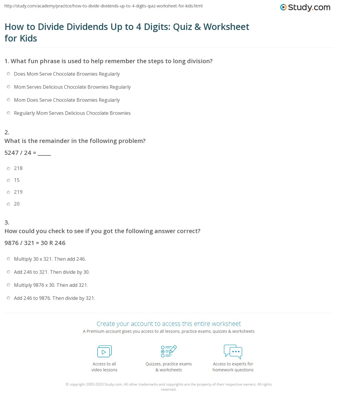 How to Divide Dividends Up to 4 Digits: Quiz & Worksheet for Kids ...