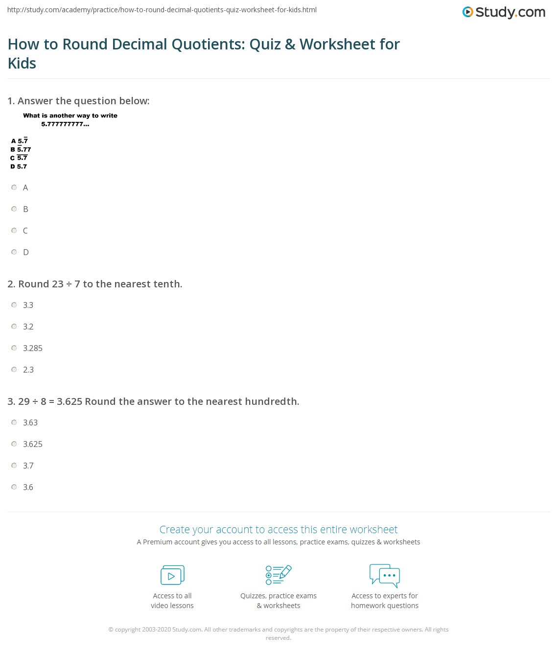 How to Round Decimal Quotients: Quiz & Worksheet for Kids | Study.com