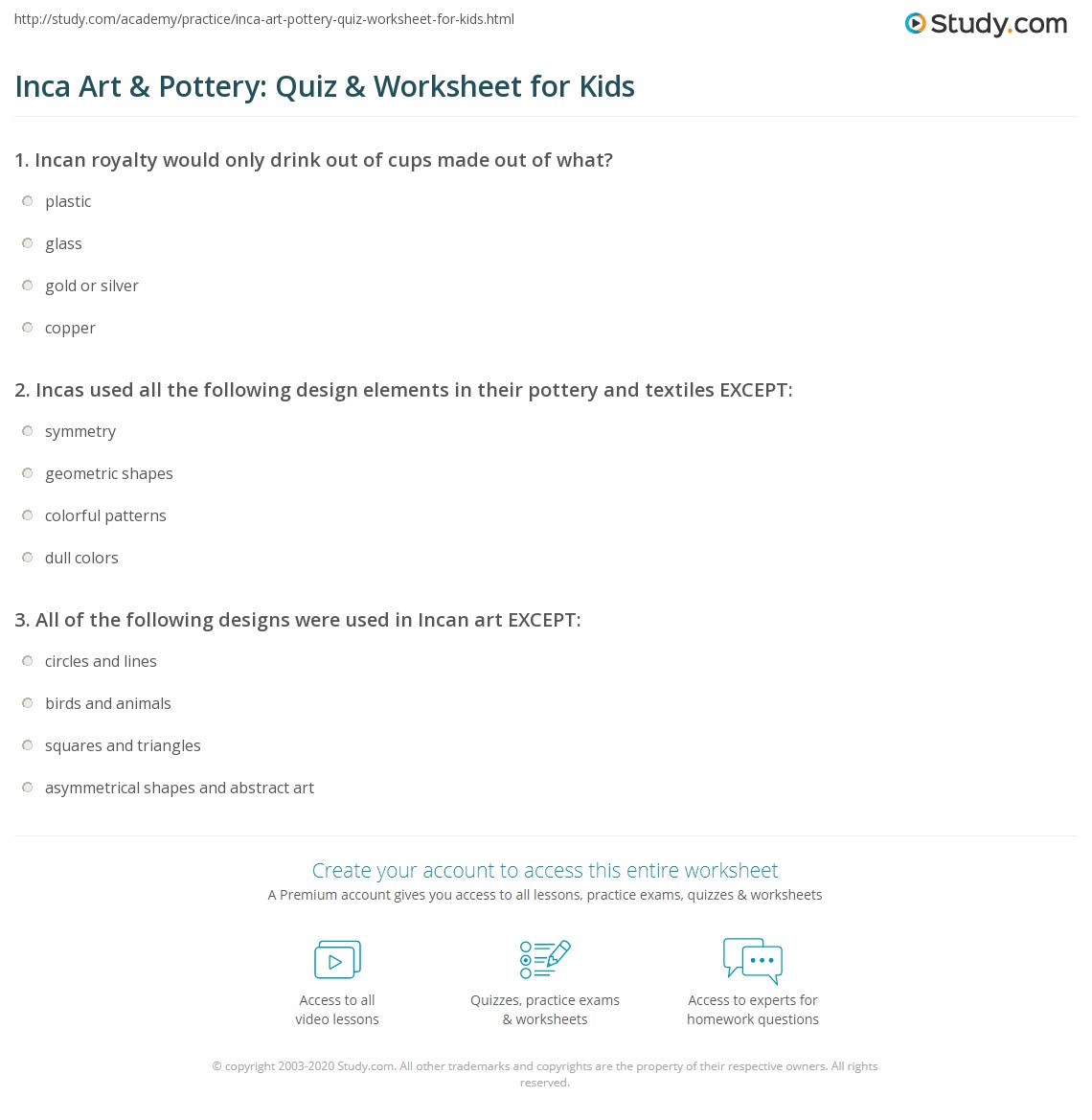 Inca Art & Pottery: Quiz & Worksheet for Kids | Study.com