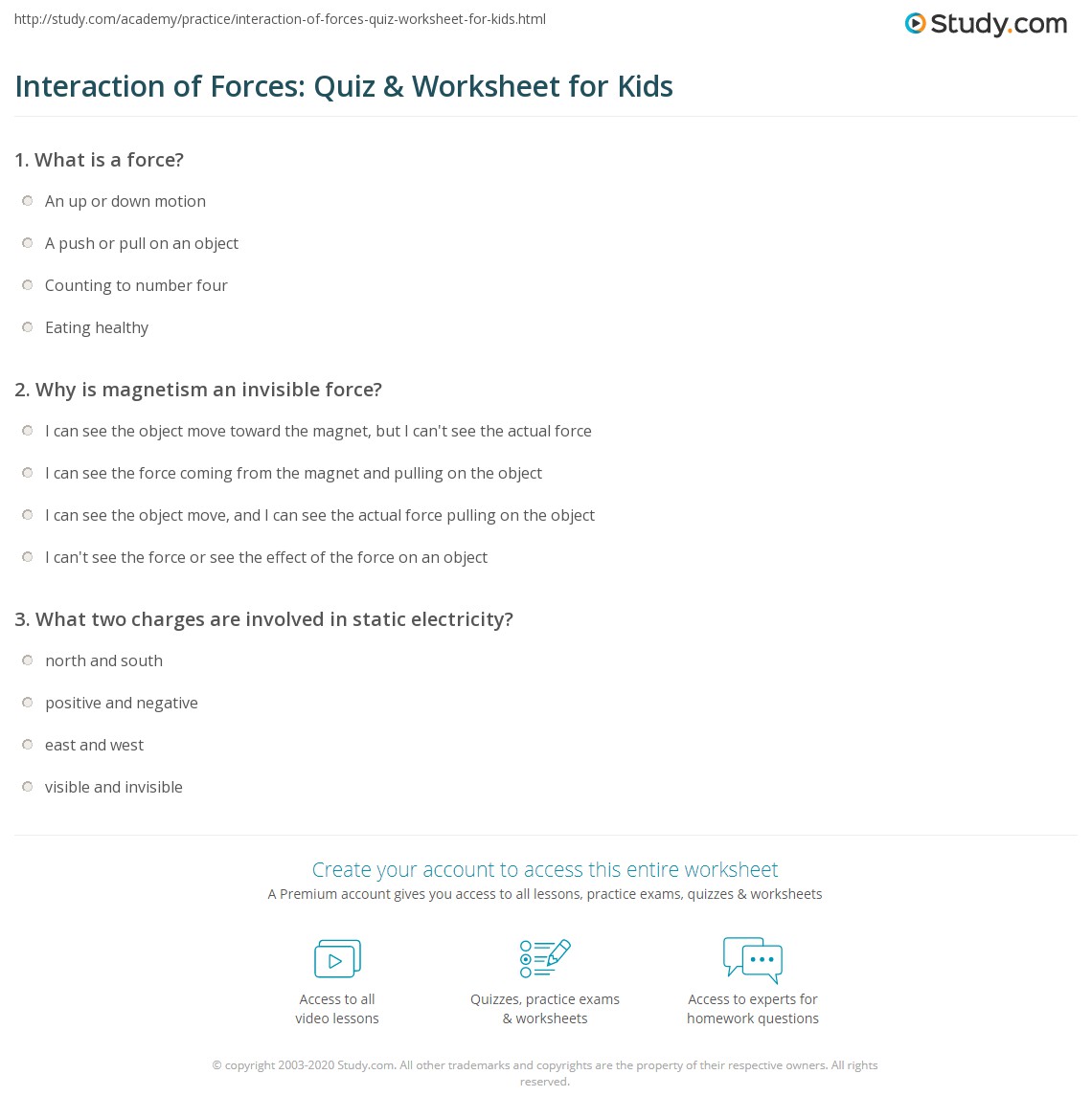 Interaction of Forces: Quiz & Worksheet for Kids | Study.com