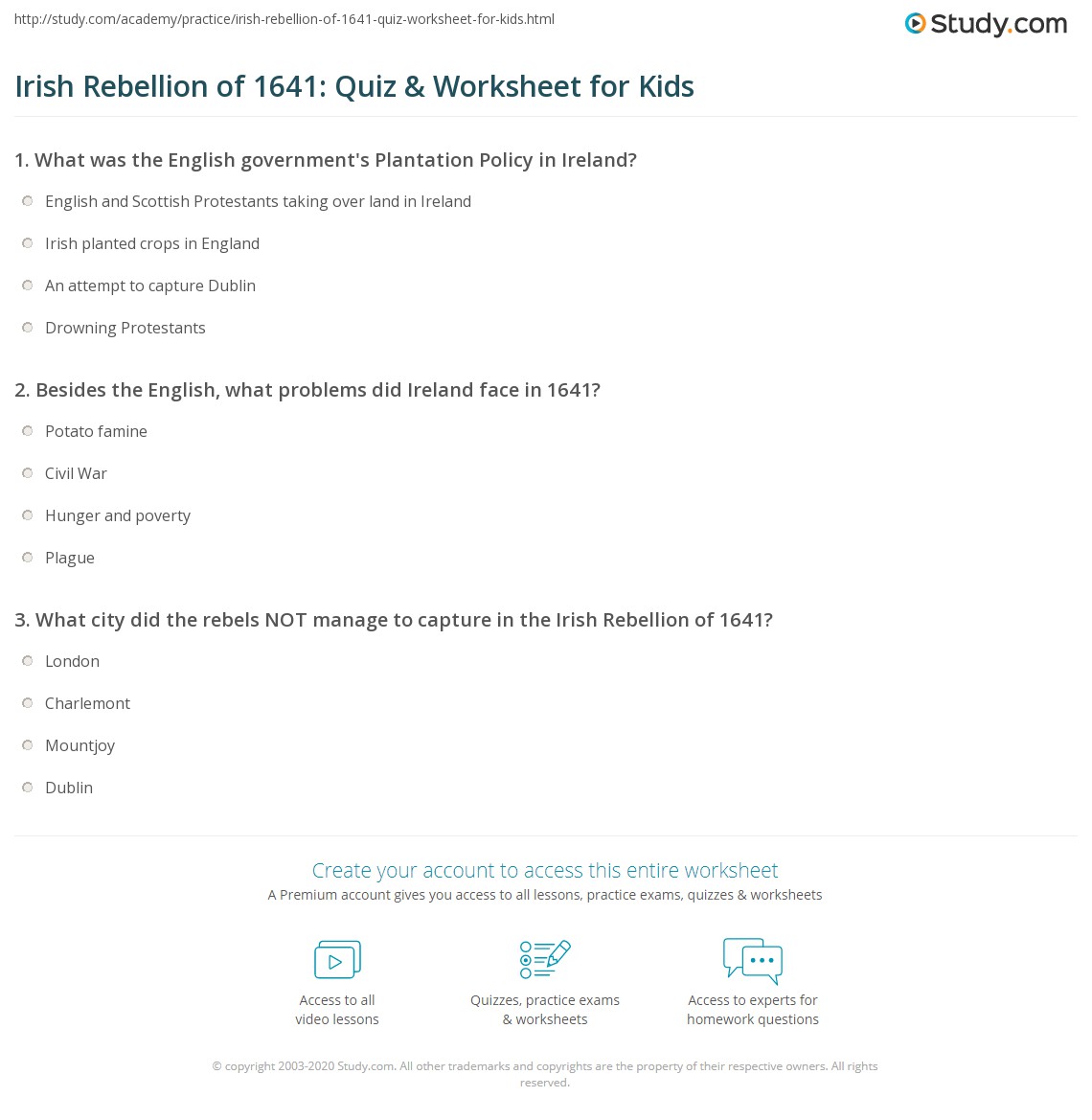 Irish Rebellion of 1641: Quiz & Worksheet for Kids | Study.com