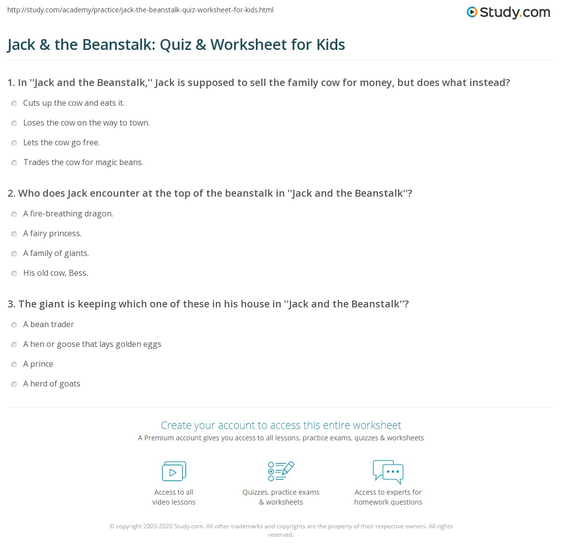 Jack & the Beanstalk: Quiz & Worksheet for Kids | Study.com
