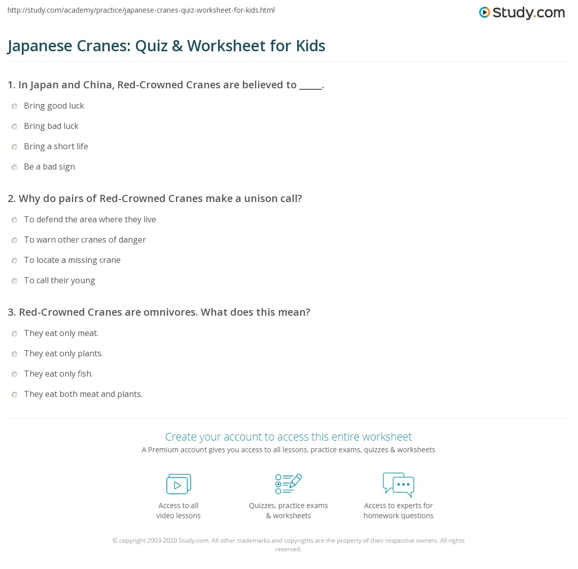 Japanese Cranes: Quiz & Worksheet for Kids | Study.com