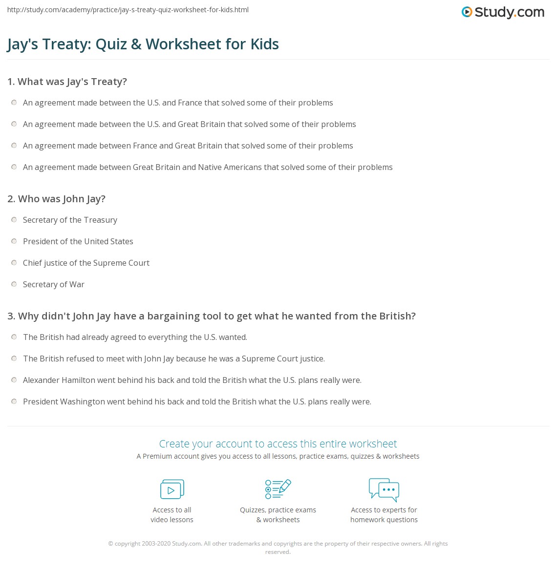 Jay's Treaty: Quiz & Worksheet for Kids | Study.com