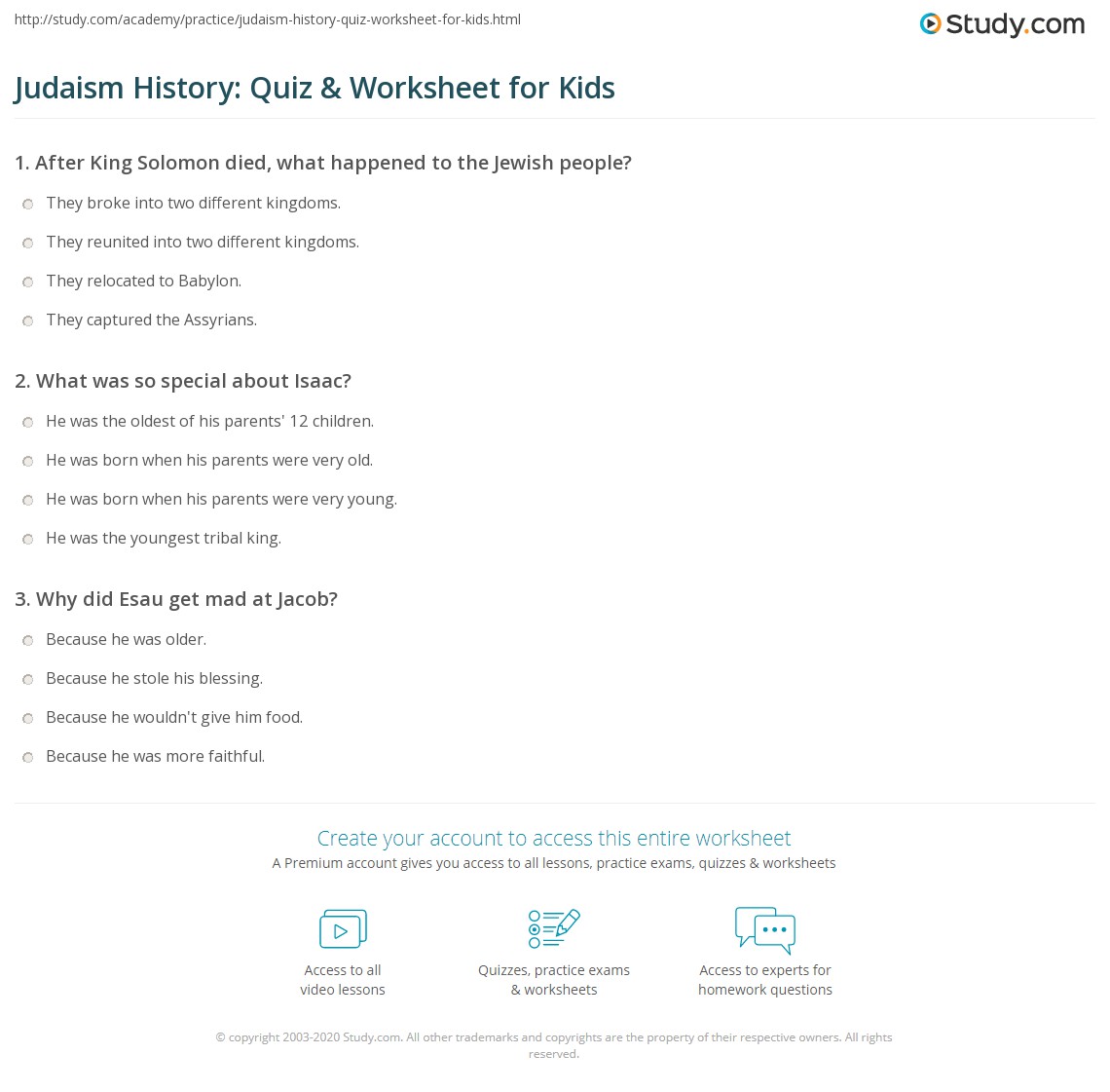 Judaism History: Quiz & Worksheet for Kids | Study.com