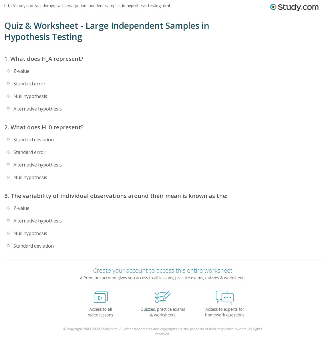 Quiz & Worksheet - Large Independent Samples in Hypothesis Testing ...