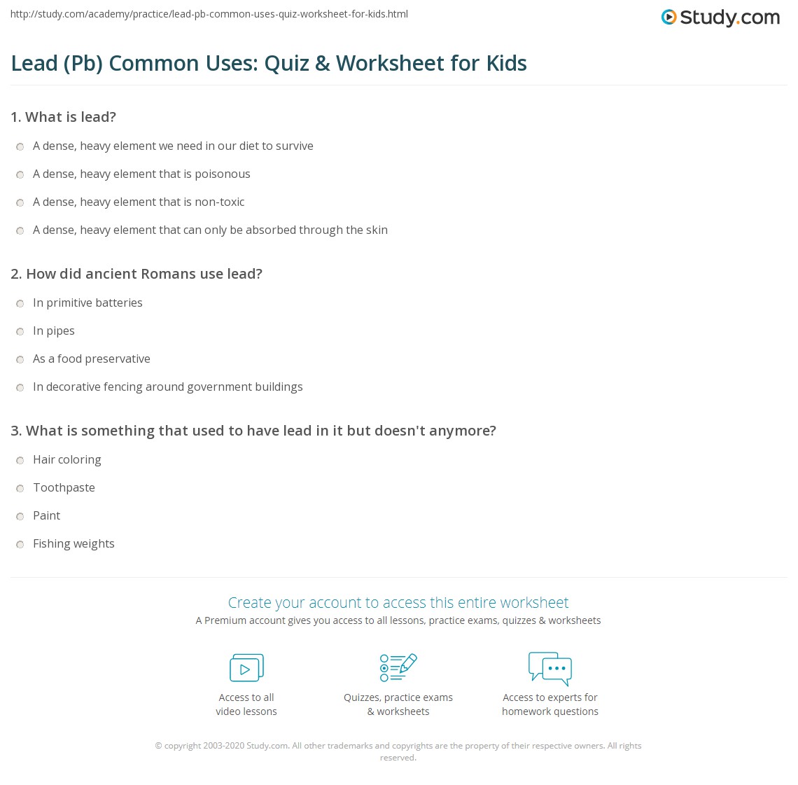 Lead (Pb) Common Uses: Quiz & Worksheet for Kids | Study.com