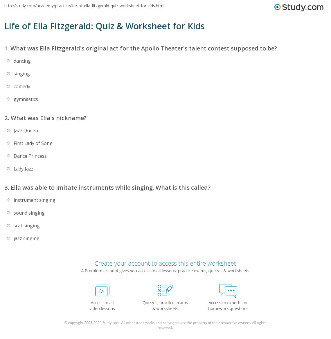 Life of Ella Fitzgerald: Quiz & Worksheet for Kids | Study.com