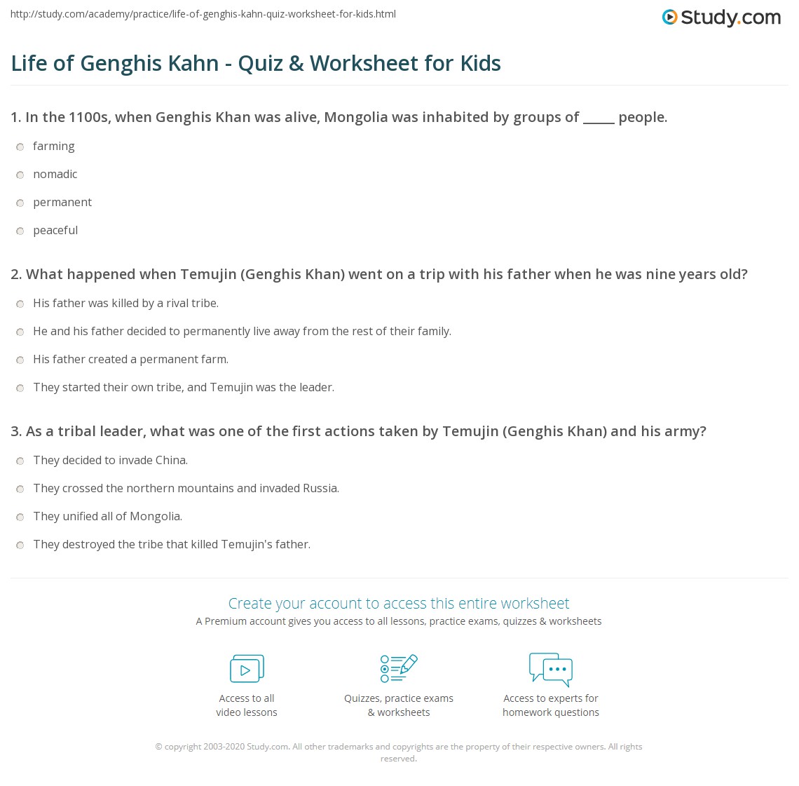 Life of Genghis Kahn - Quiz & Worksheet for Kids | Study.com