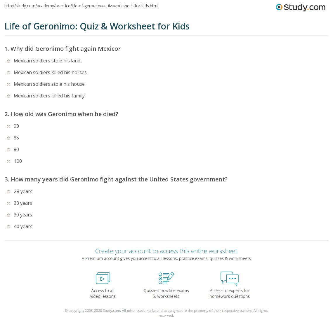 Life of Geronimo: Quiz & Worksheet for Kids | Study.com