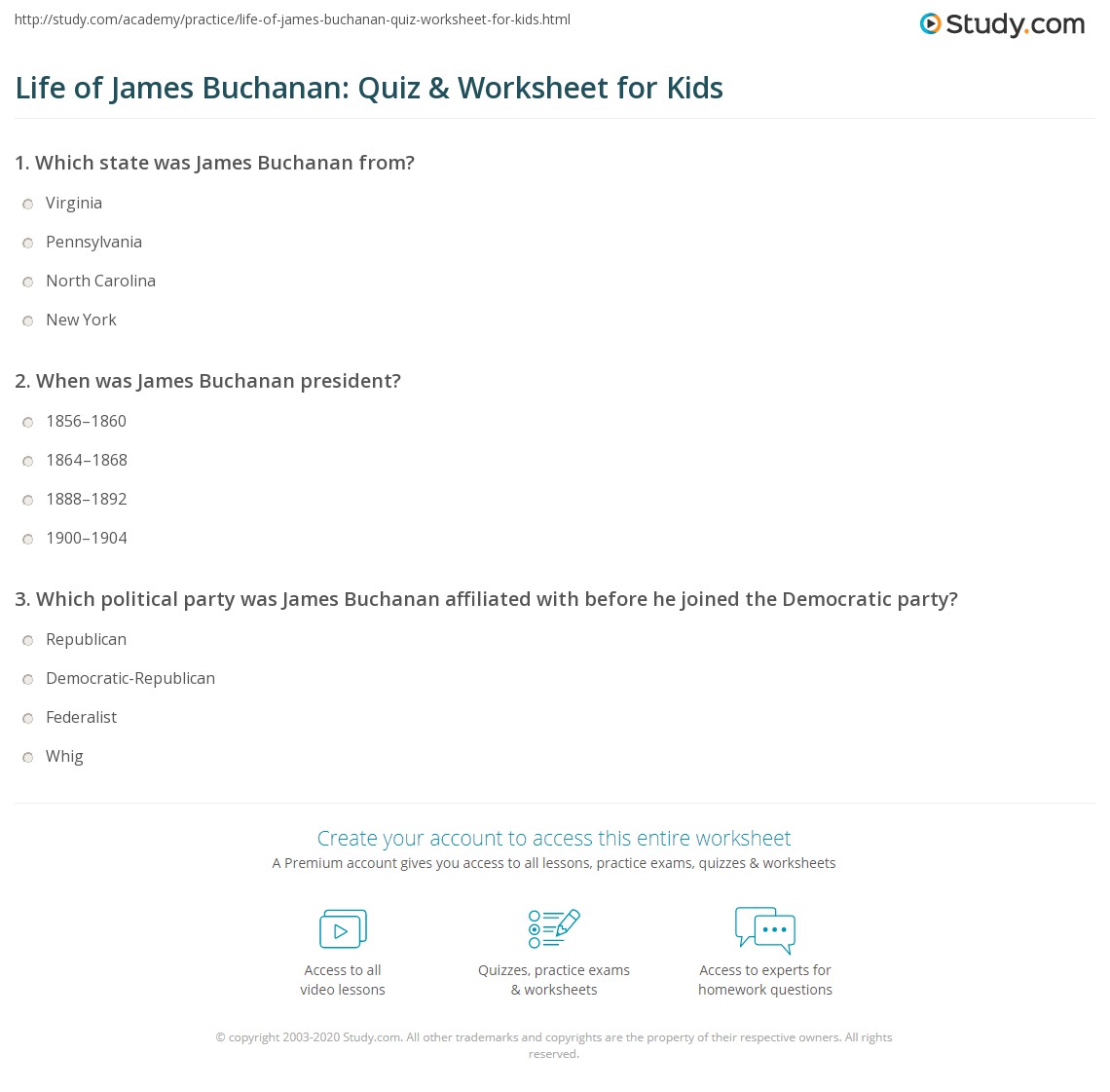 Life of James Buchanan: Quiz & Worksheet for Kids | Study.com