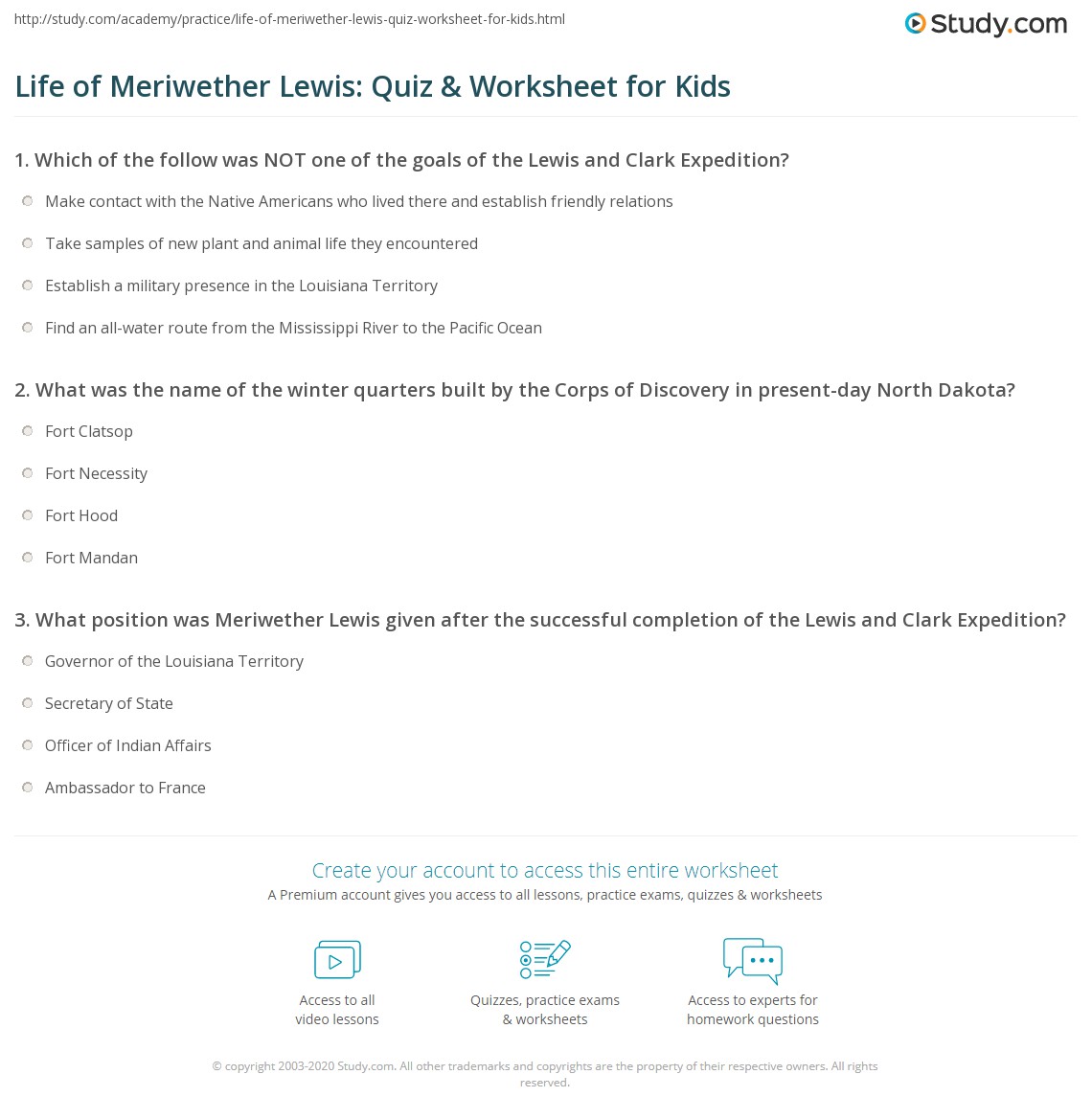 Life of Meriwether Lewis: Quiz & Worksheet for Kids | Study.com