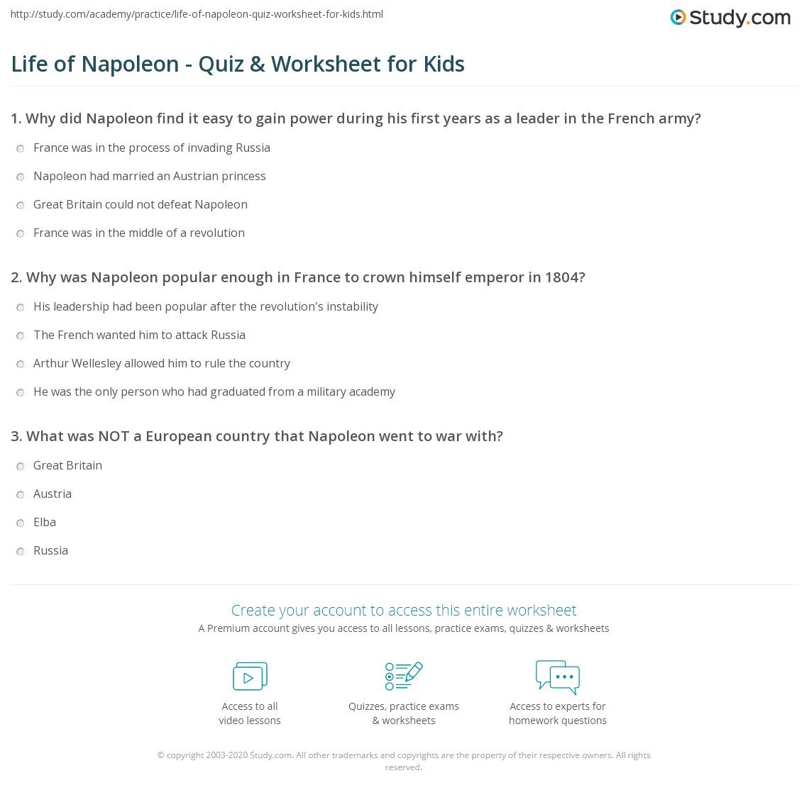 Life of Napoleon - Quiz & Worksheet for Kids | Study.com