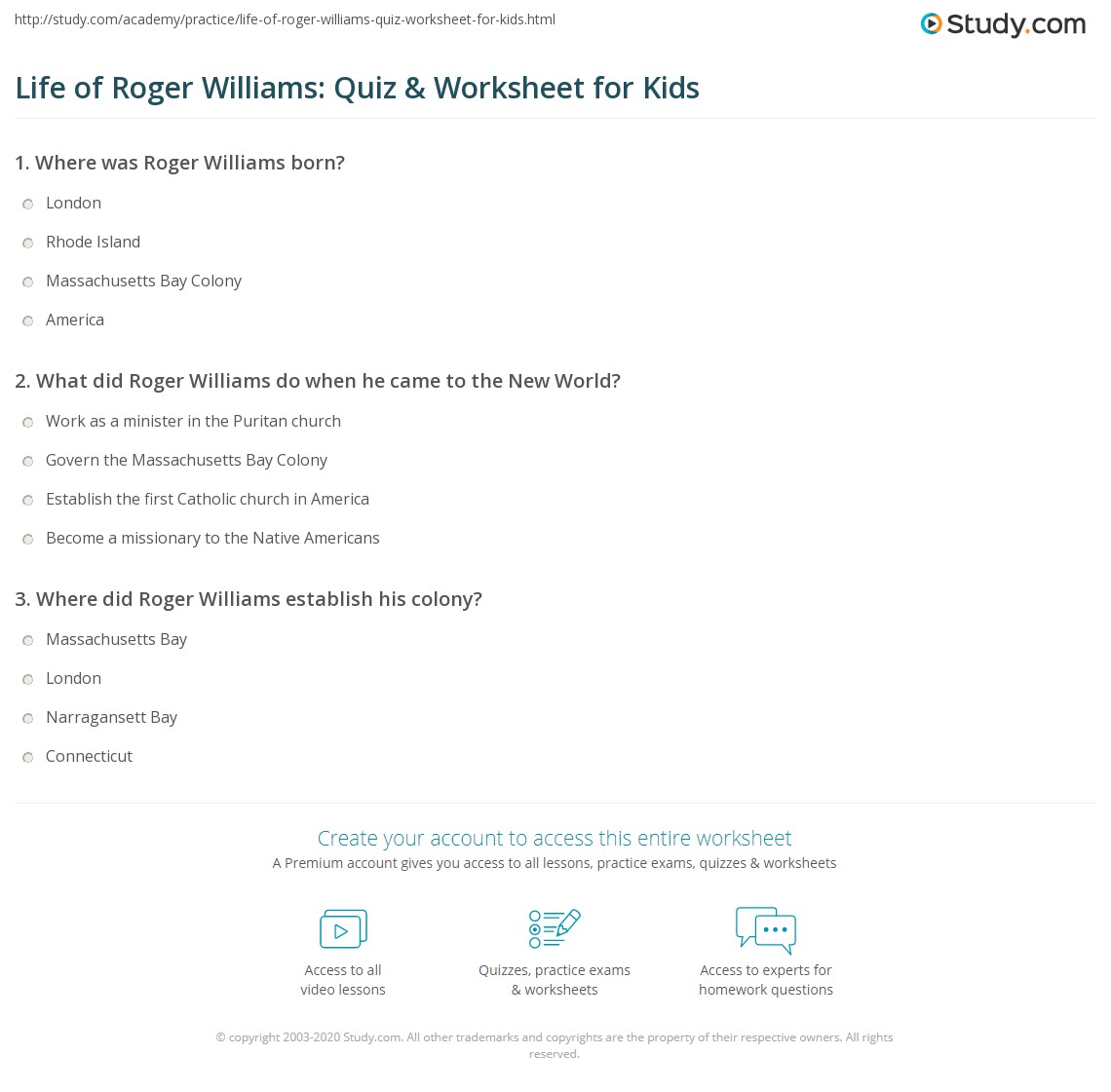 Life of Roger Williams: Quiz & Worksheet for Kids | Study.com