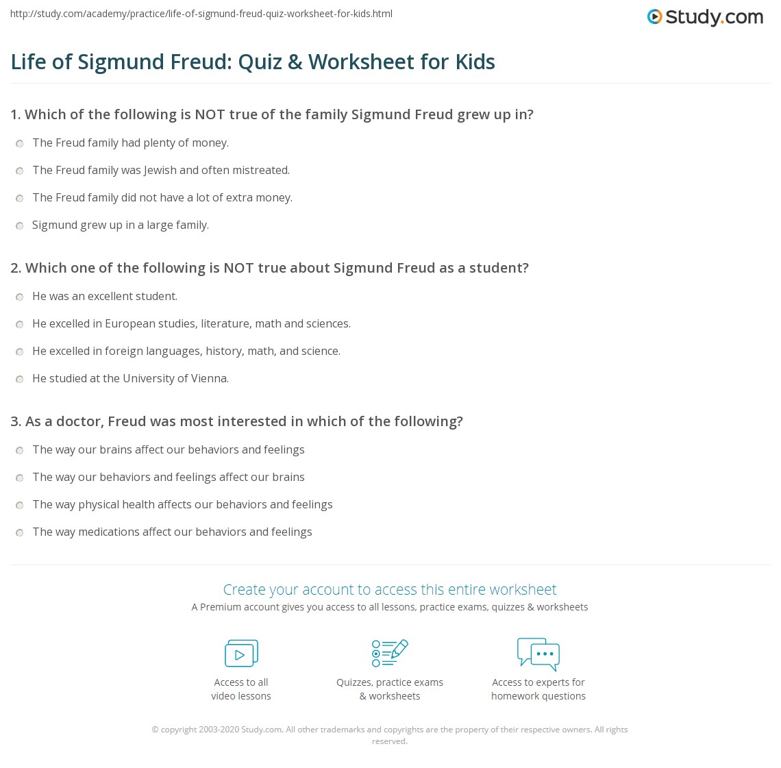 Life of Sigmund Freud: Quiz & Worksheet for Kids | Study.com