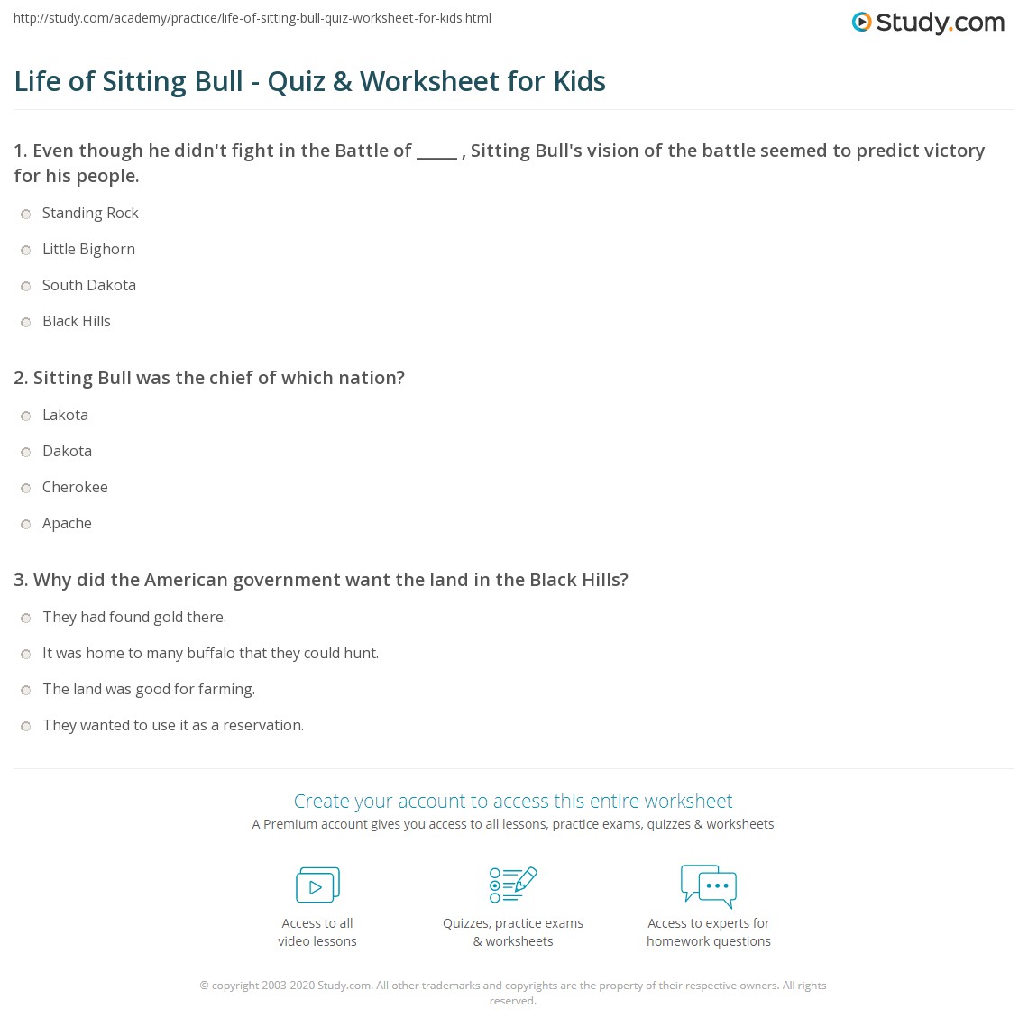 Life of Sitting Bull - Quiz & Worksheet for Kids | Study.com