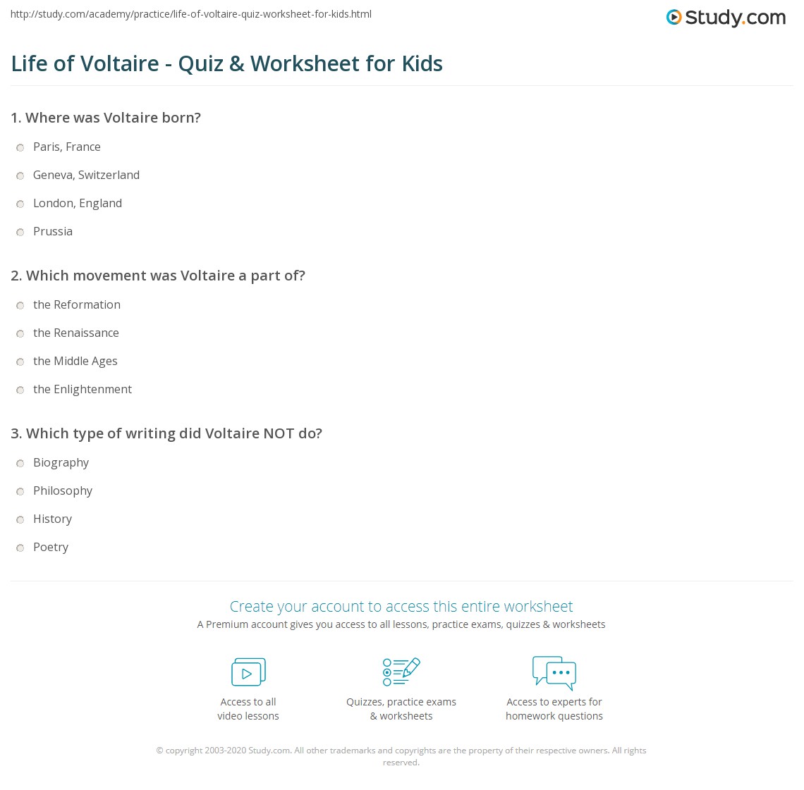 Life of Voltaire - Quiz & Worksheet for Kids | Study.com