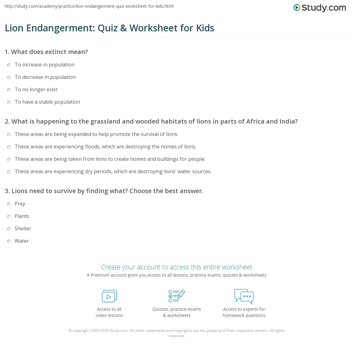 Lion Endangerment: Quiz & Worksheet for Kids | Study.com