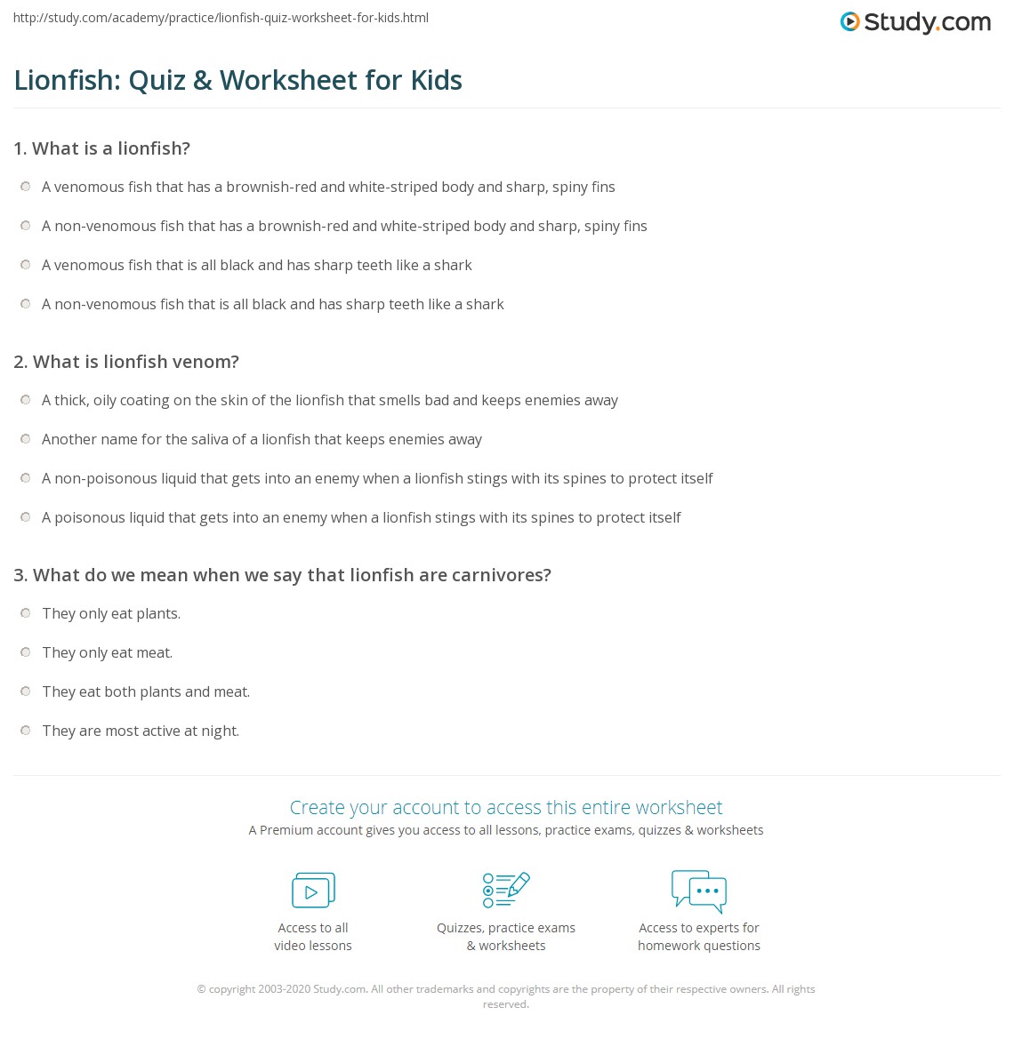 Lionfish: Quiz & Worksheet for Kids | Study.com