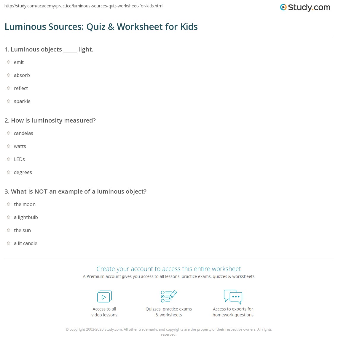 Luminous Sources: Quiz & Worksheet for Kids | Study.com