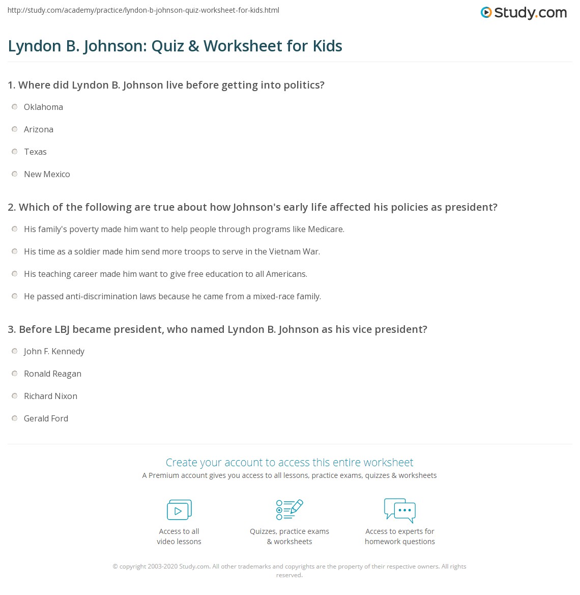 Lyndon B. Johnson: Quiz & Worksheet for Kids | Study.com