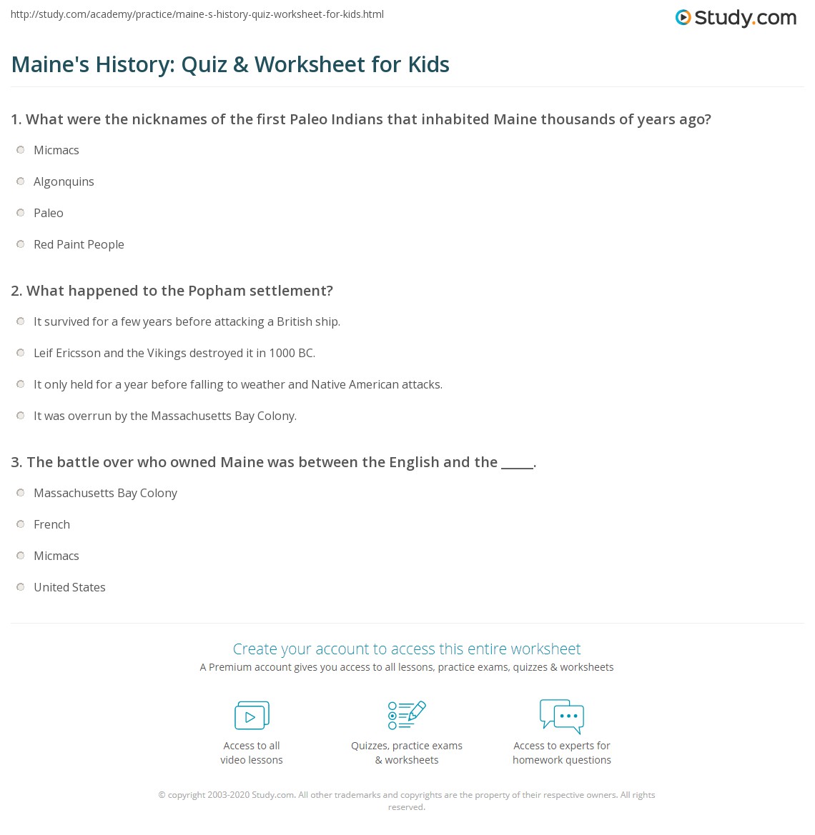 Maine's History: Quiz & Worksheet for Kids | Study.com