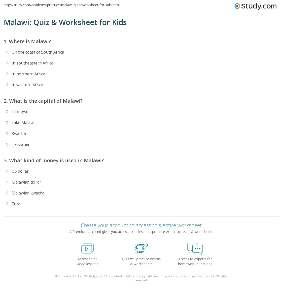 Malawi: Quiz & Worksheet for Kids | Study.com