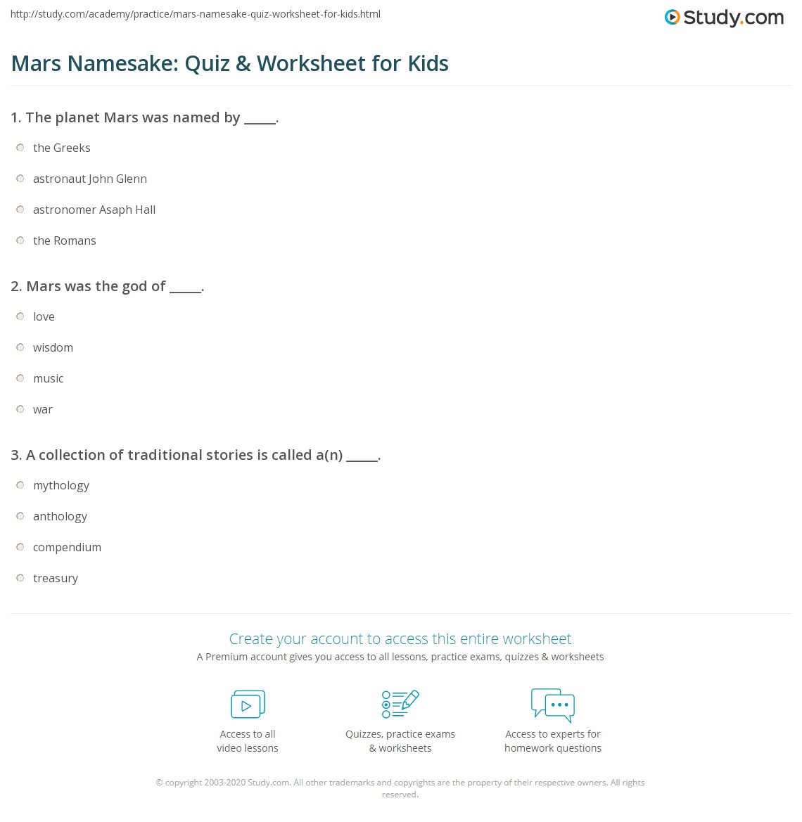 Mars Namesake: Quiz & Worksheet for Kids | Study.com