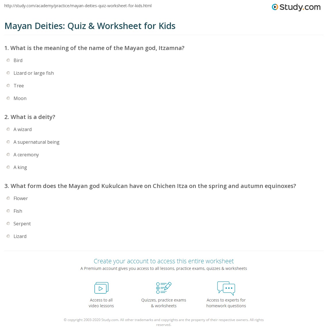 Mayan Deities: Quiz & Worksheet for Kids | Study.com