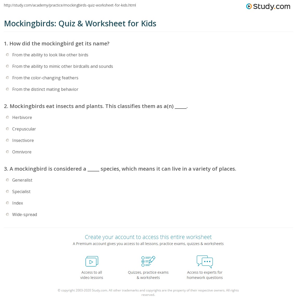 Mockingbirds: Quiz & Worksheet for Kids | Study.com