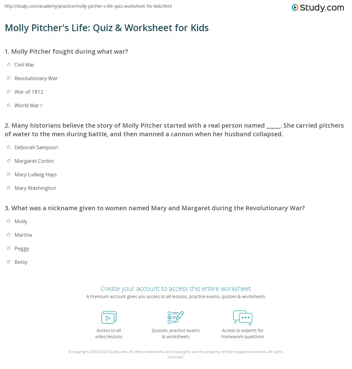 Molly Pitcher's Life: Quiz & Worksheet for Kids | Study.com