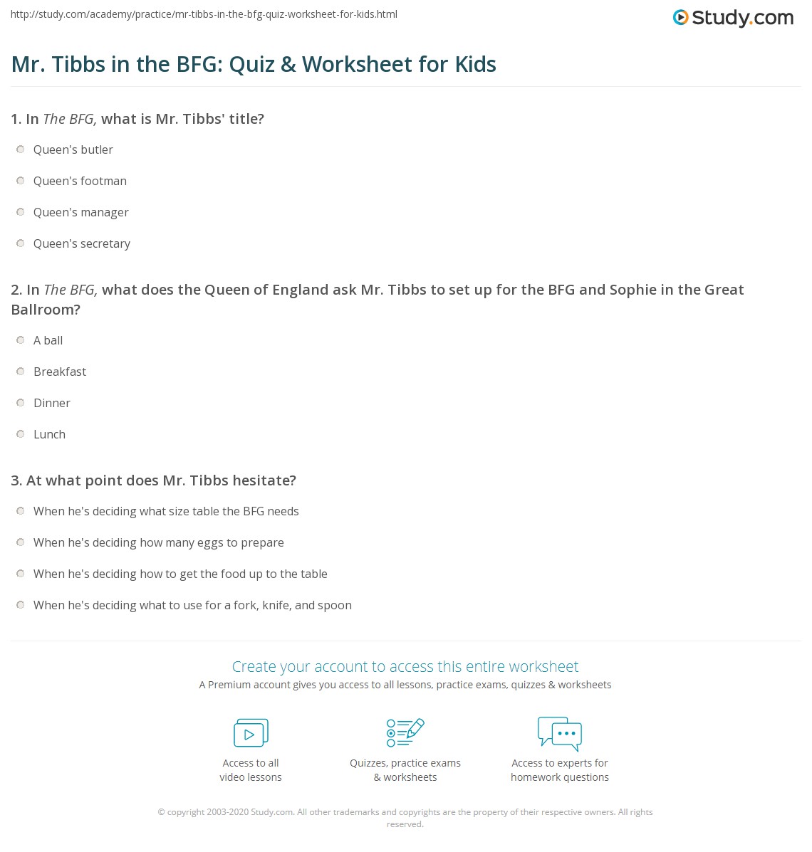 Mr. Tibbs in the BFG: Quiz & Worksheet for Kids | Study.com
