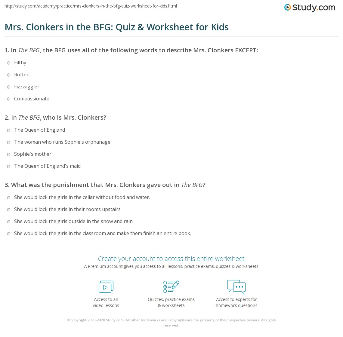 Mrs. Clonkers in the BFG: Quiz & Worksheet for Kids | Study.com
