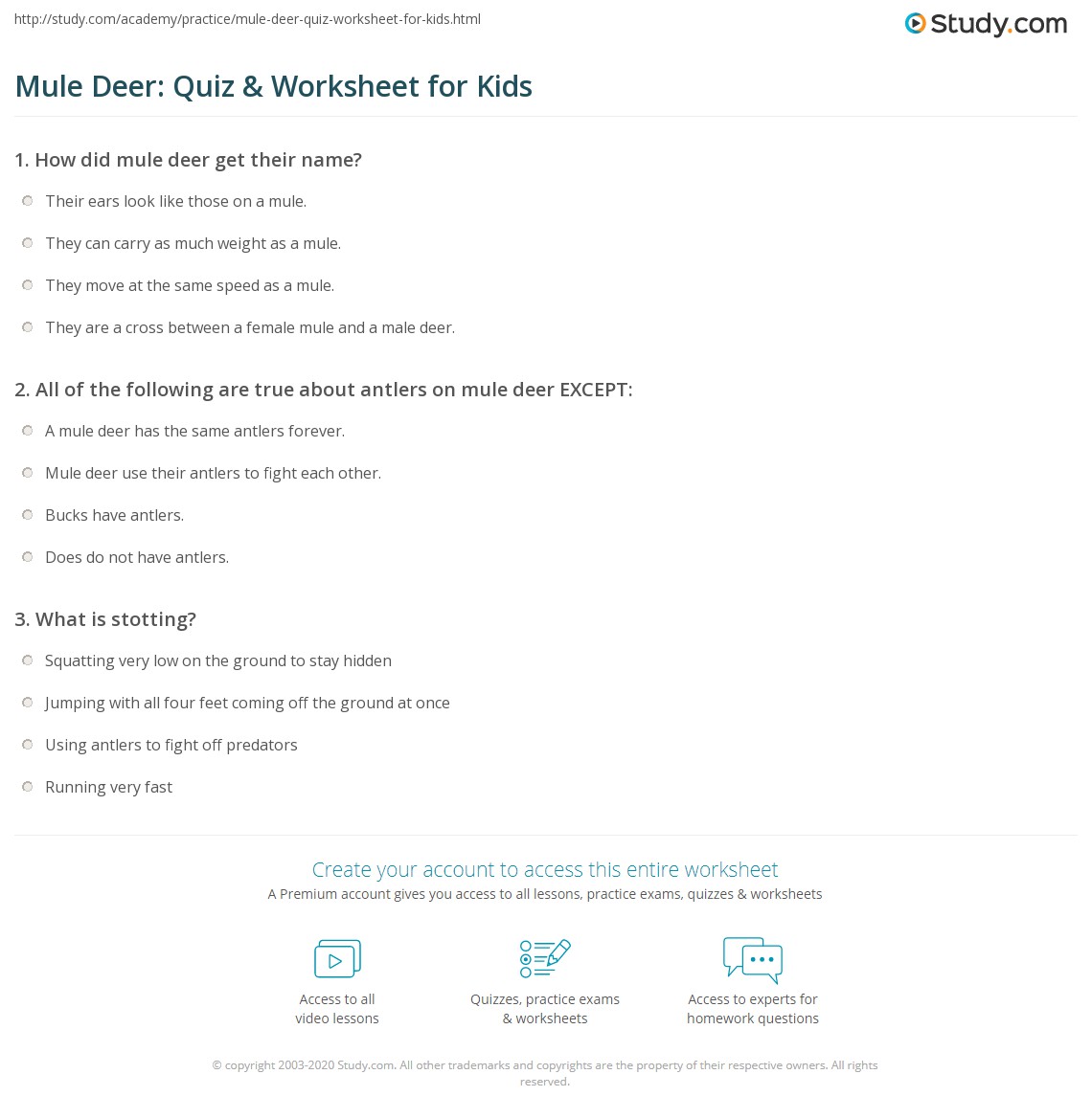 Mule Deer: Quiz & Worksheet for Kids | Study.com