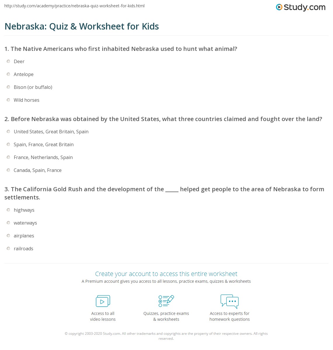 Nebraska: Quiz & Worksheet for Kids | Study.com