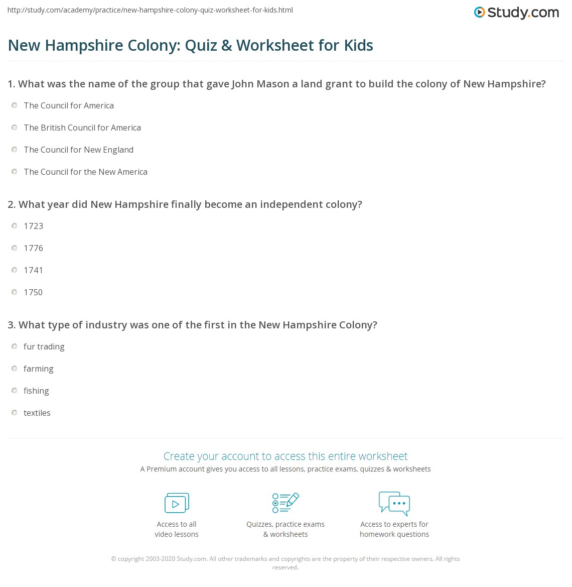 New Hampshire Colony: Quiz & Worksheet for Kids | Study.com