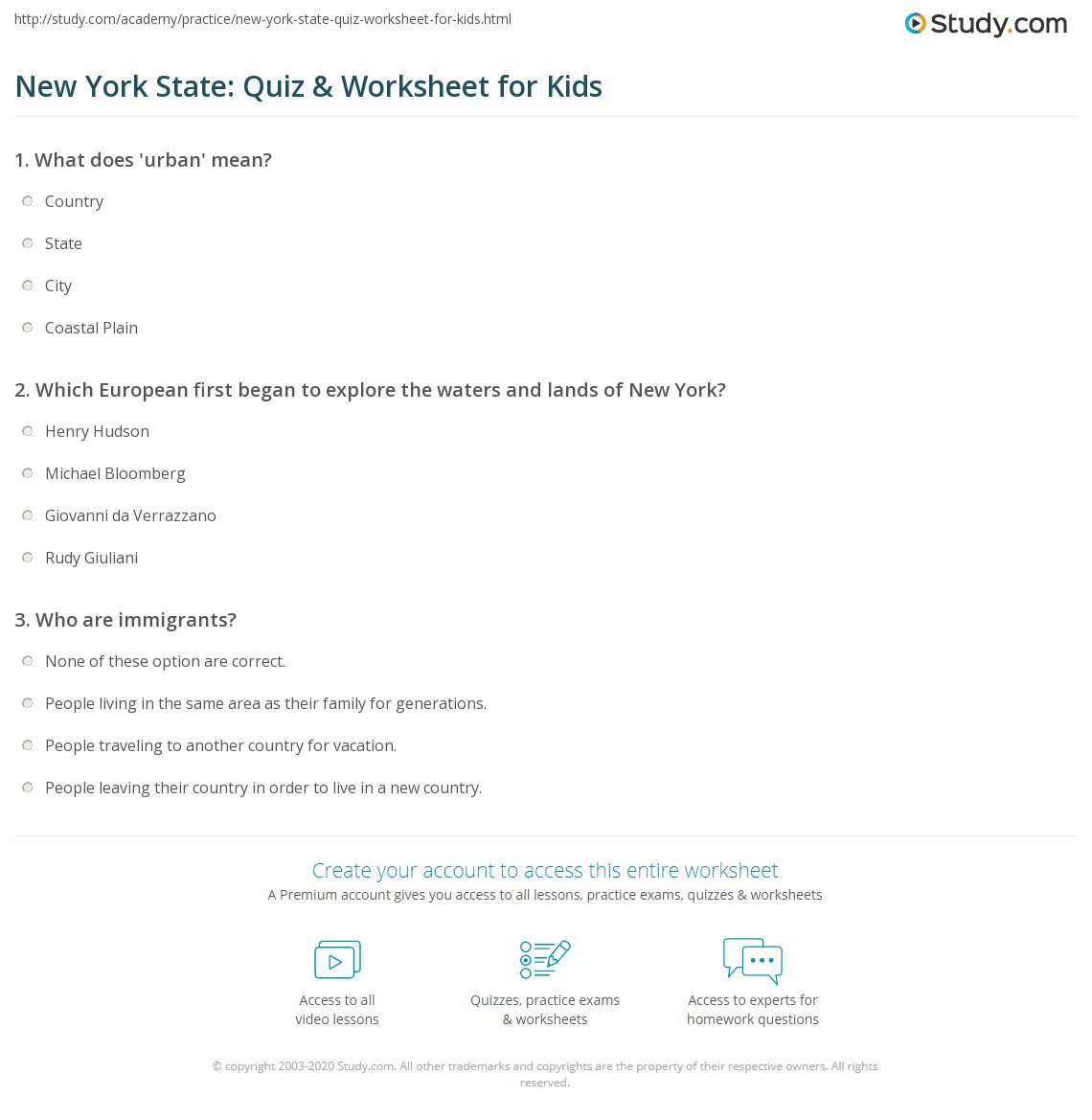 New York State: Quiz & Worksheet for Kids | Study.com