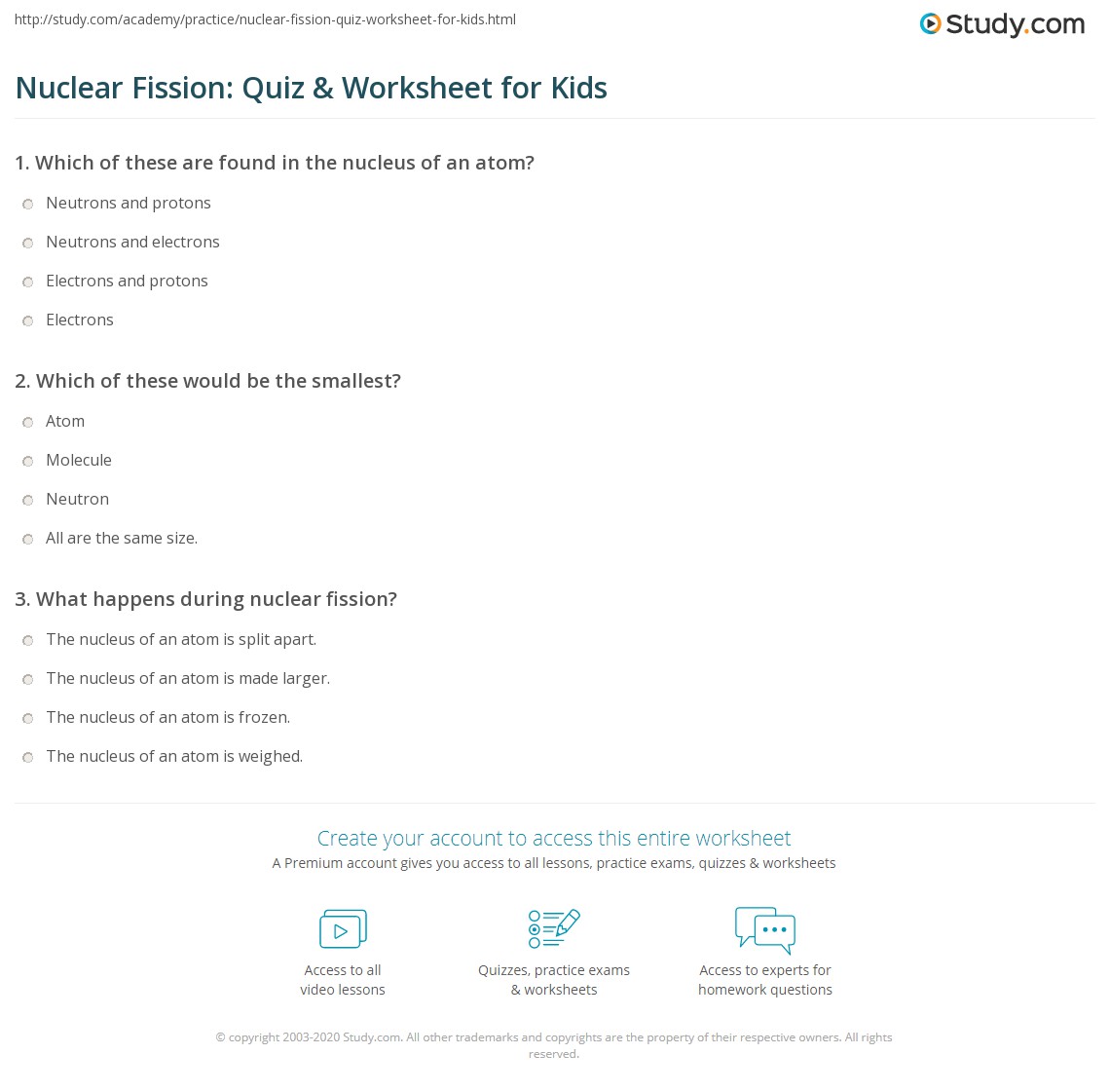 Nuclear Fission: Quiz & Worksheet for Kids | Study.com