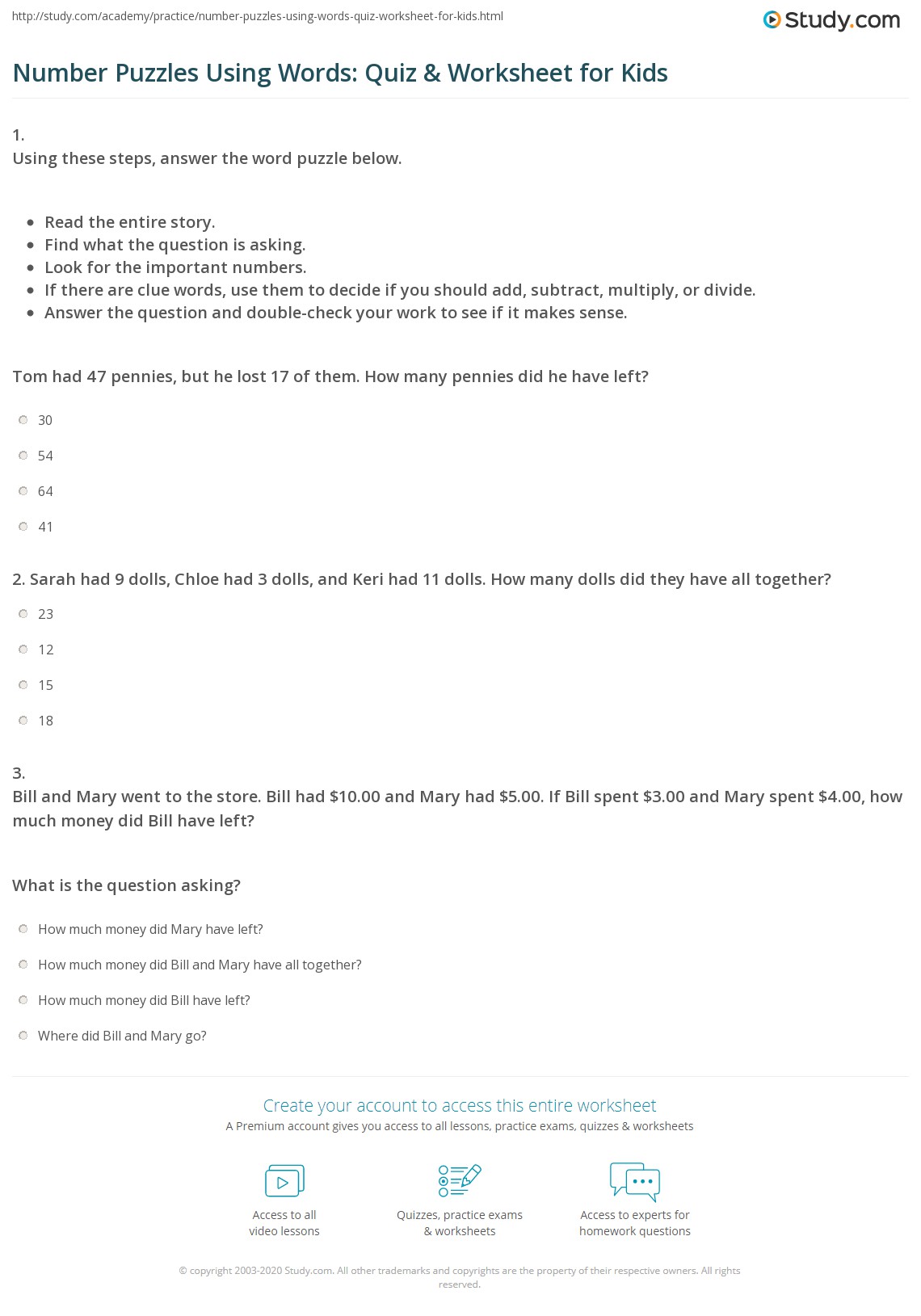 Number Puzzles Using Words: Quiz & Worksheet for Kids | Study.com