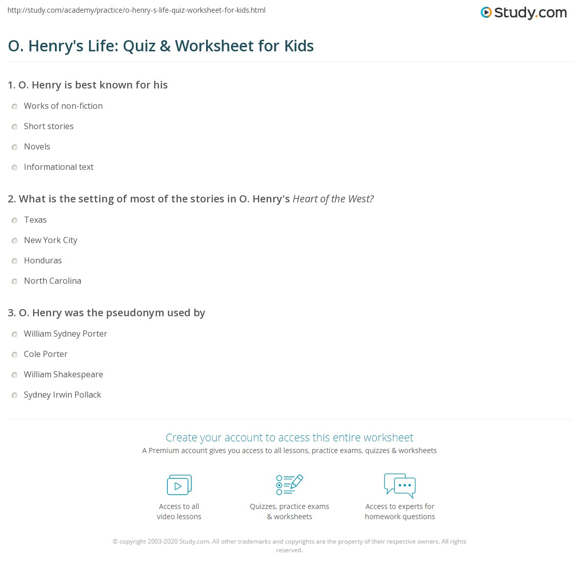O. Henry's Life: Quiz & Worksheet for Kids | Study.com