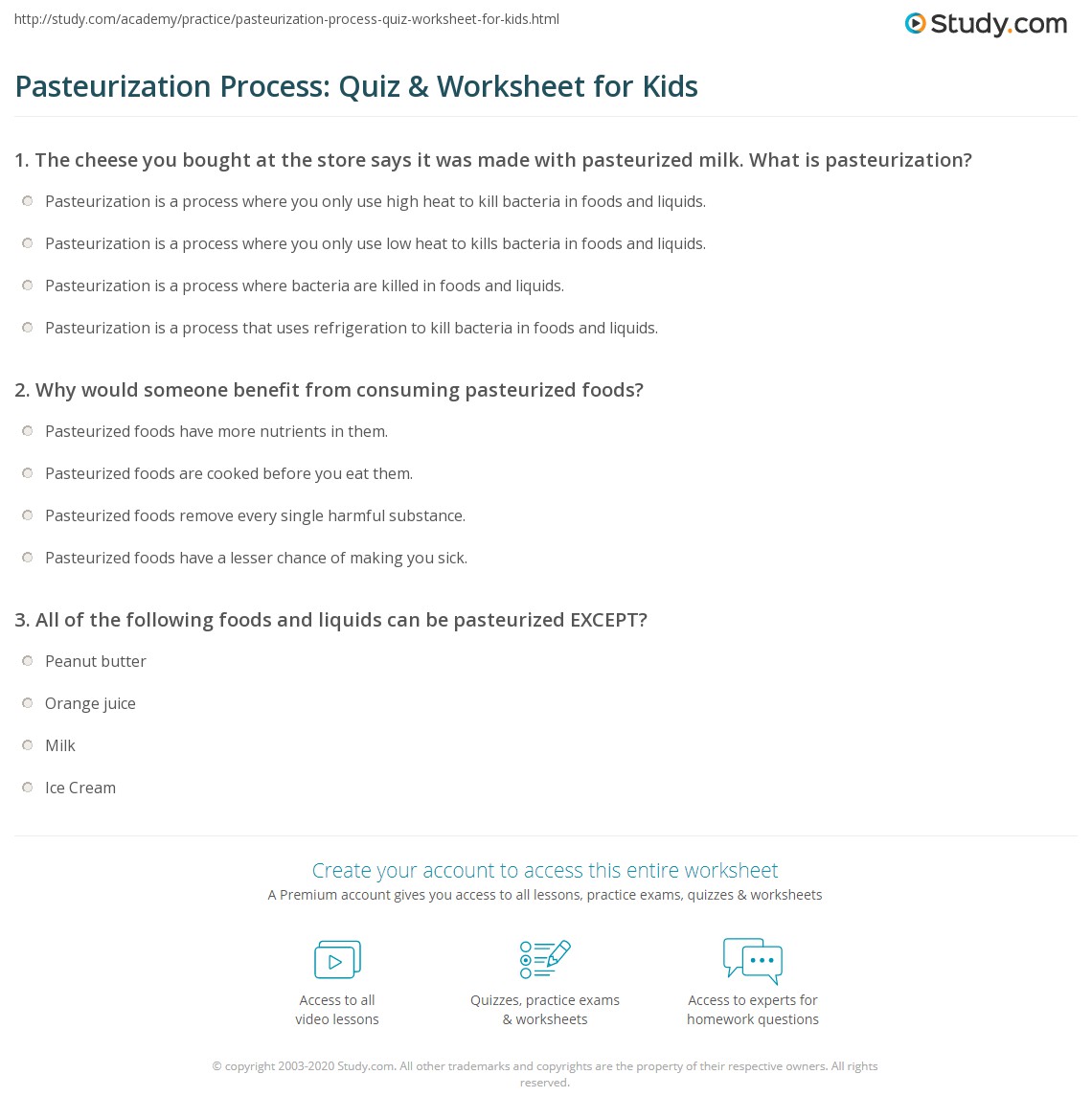 Pasteurization Process: Quiz & Worksheet for Kids | Study.com