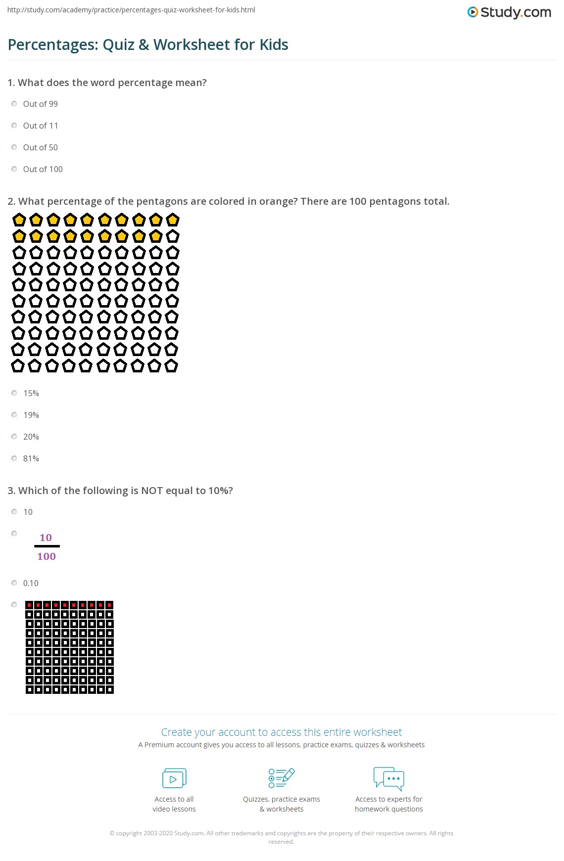 Percentages: Quiz & Worksheet for Kids | Study.com
